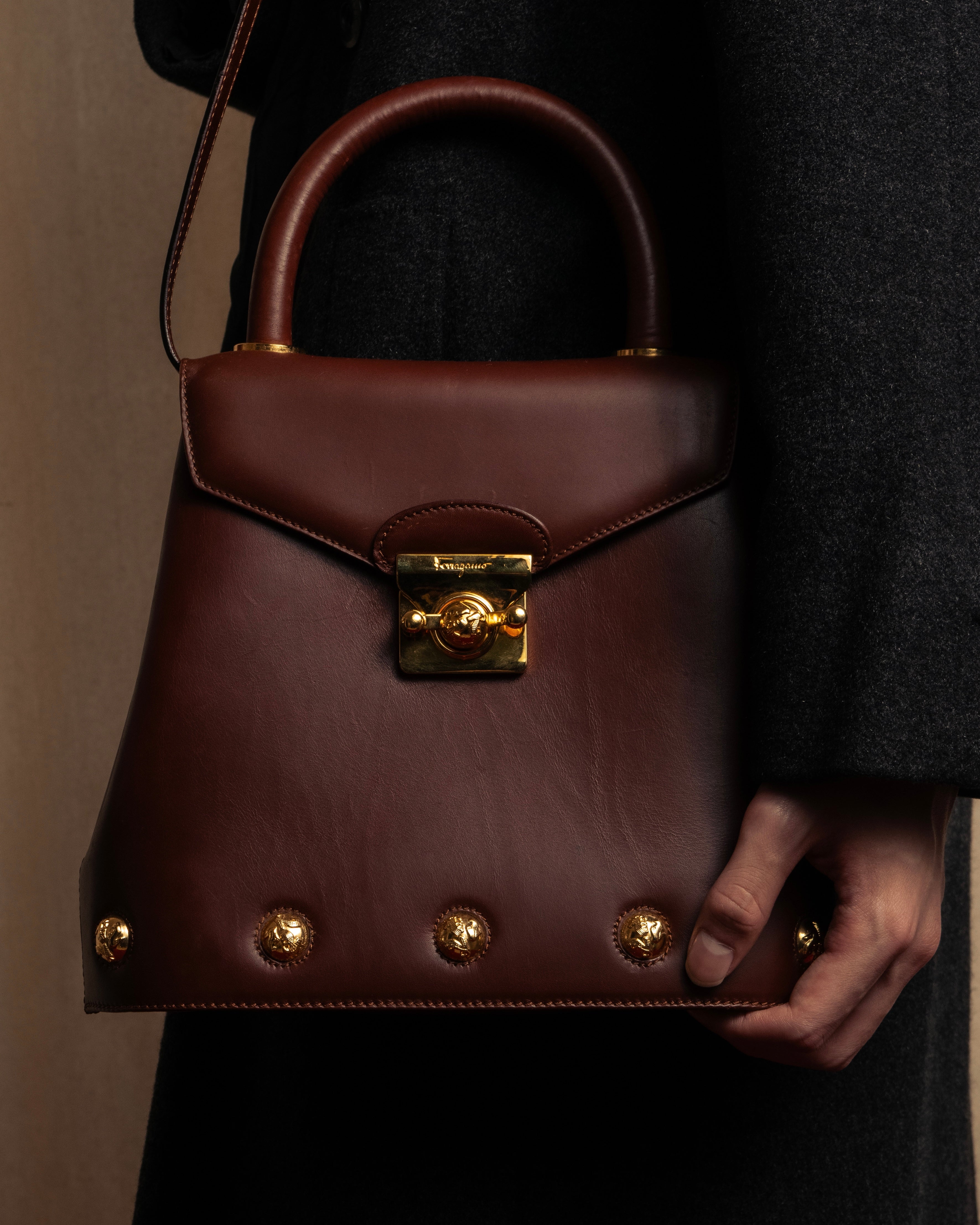 Salvatore Ferragamo - Handbag - Brown - Leather Coin Motif with Gold ...